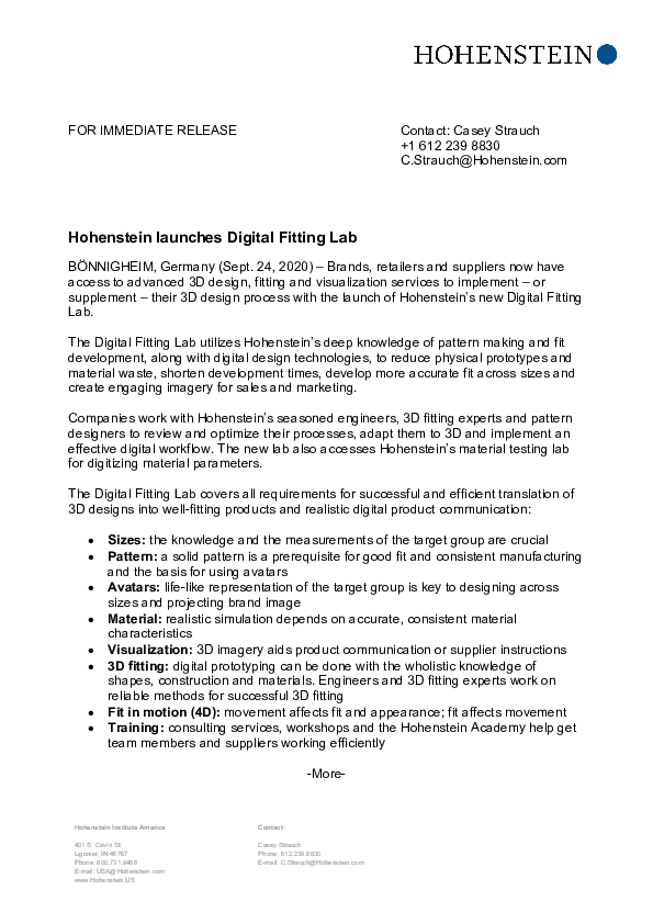 Latest Hohenstein Press Releases - Hohenstein